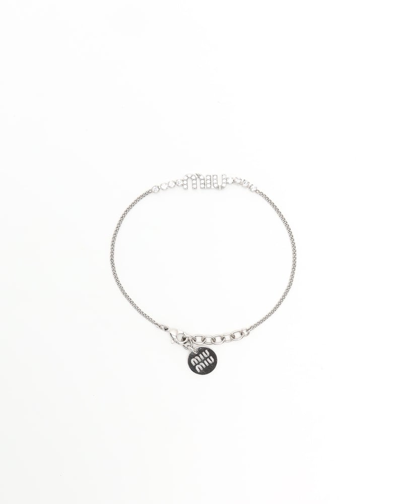 Vintage MIU MIU Logo Rhinestone Silver Bracelet - A Retro Tale