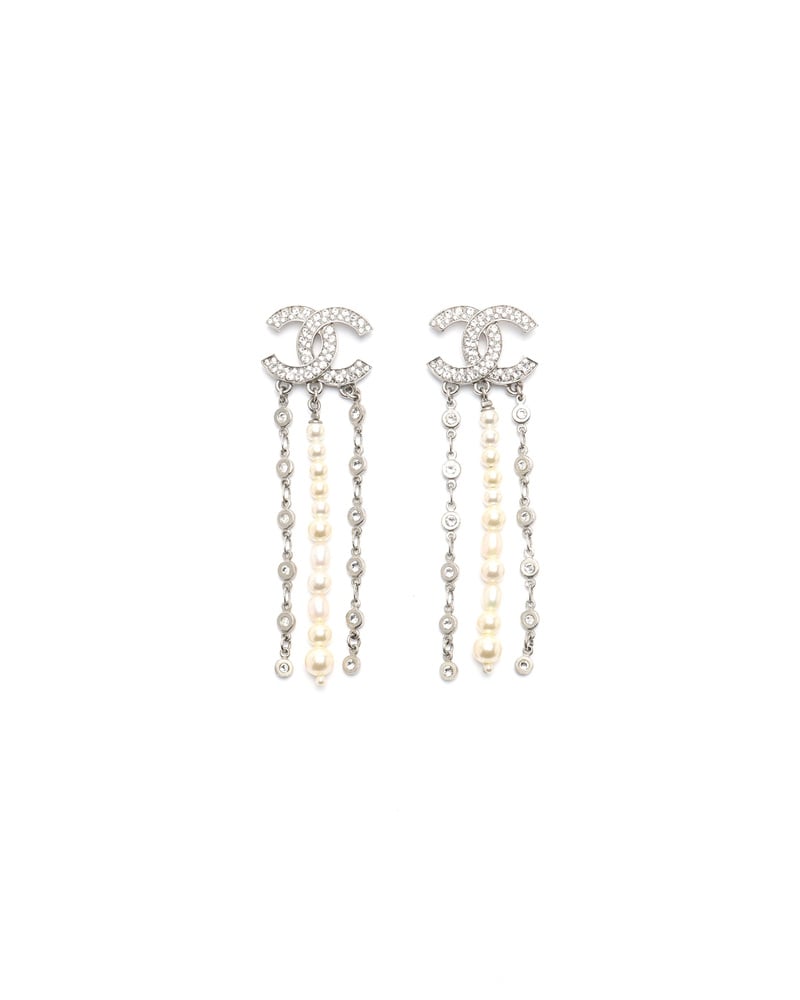 Vintage Chanel Coco Mark Dangling Rhinestone and Pearl Earrings - 846-25768