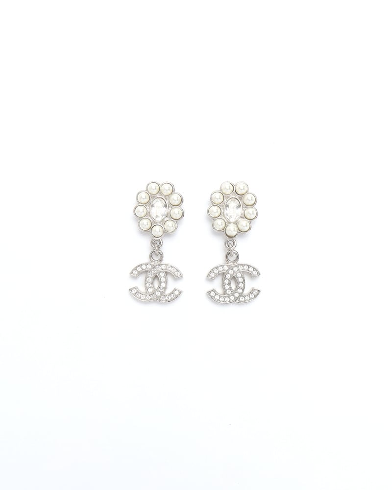Vintage Chanel Coco Mark Dangling Pearl and Rhinestone Earrings - 846-43177